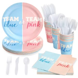 144 piece gender reveal plates, napkins, cups, cutlery, team boy and team girl party supplies, decorations (serves 24)