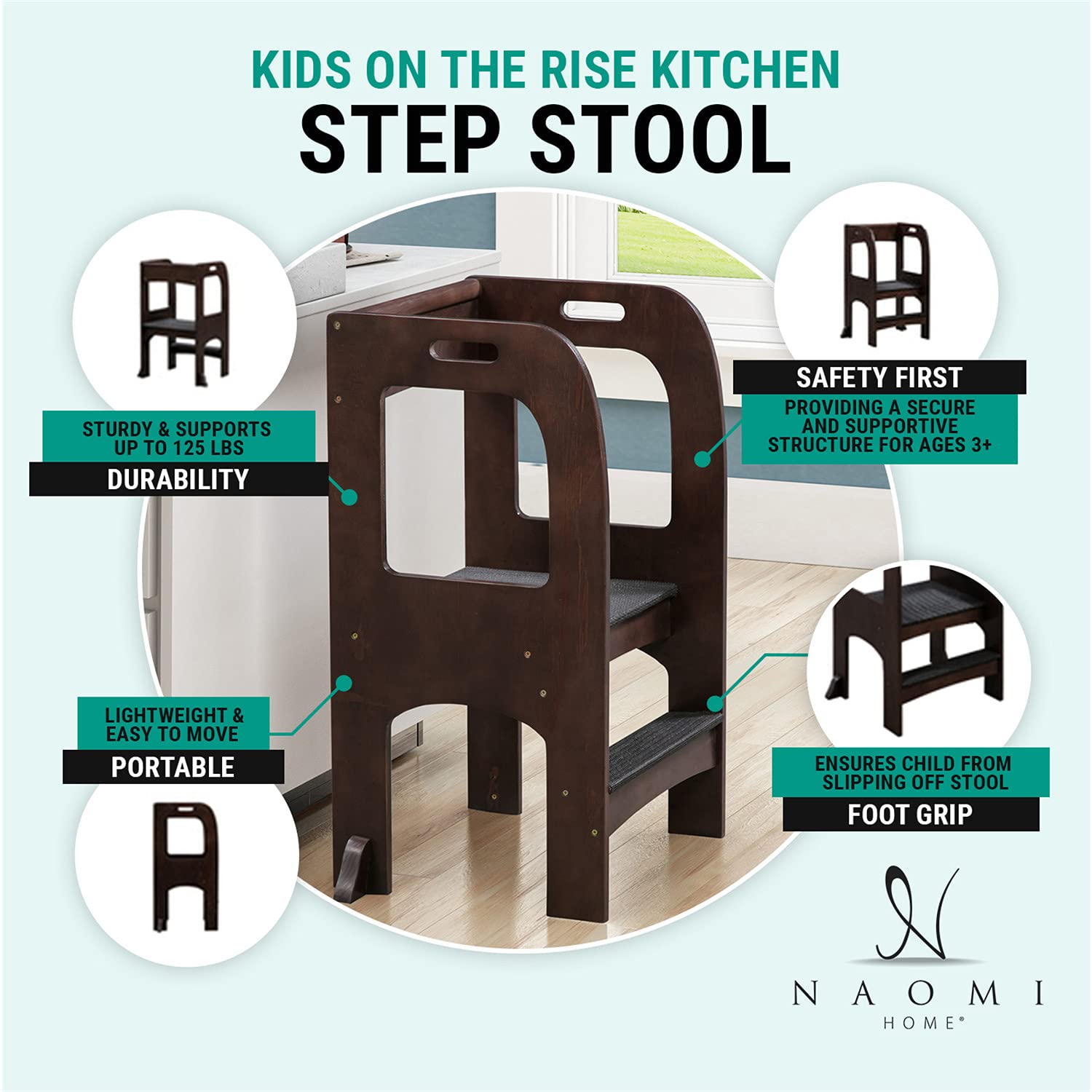 Stylish Kids On The Rise Kitchen Step Stool, Wooden Toddler Standing Tower with Safety Non-Slip Mat - Perfect for Kitchen Countertops, Ideal Kids Helper Learning Step Stool for Ages 3+ Espresso