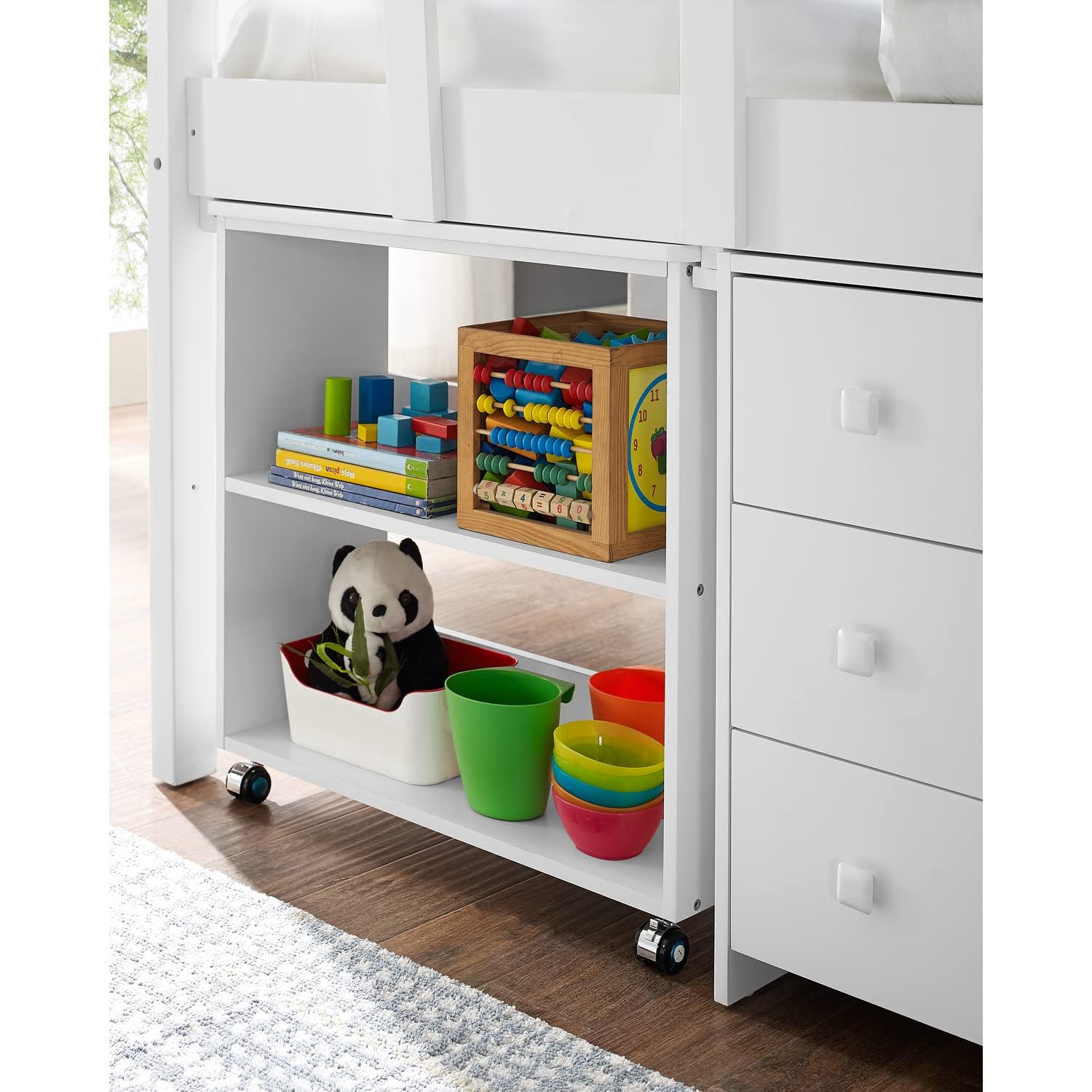 Naomi Home Twin Size Loft Bed with Storage, Desk, Cabinet Ladder, Low Study Pine Wood for Kids, Safety Guard Rails, Bookcase Shelf, White