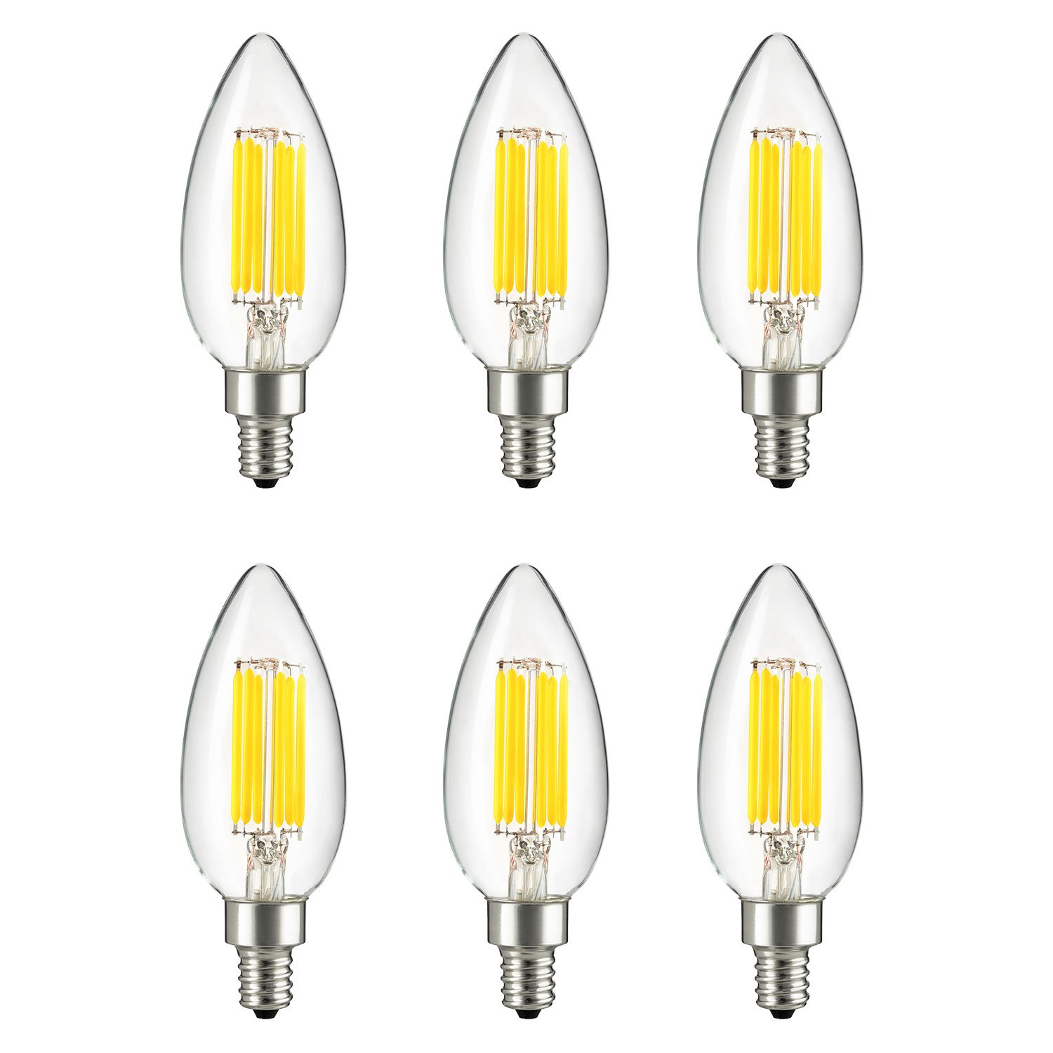 Sunlite 40956 LED B11 Filament Style Chandelier Light Bulb Torpedo Tip 5 Watts (60 W Equivalent) Dimmable, 600 Lumens, Candelabra E12 Base, UL Listed, 6 Pack, 30K-Warm White