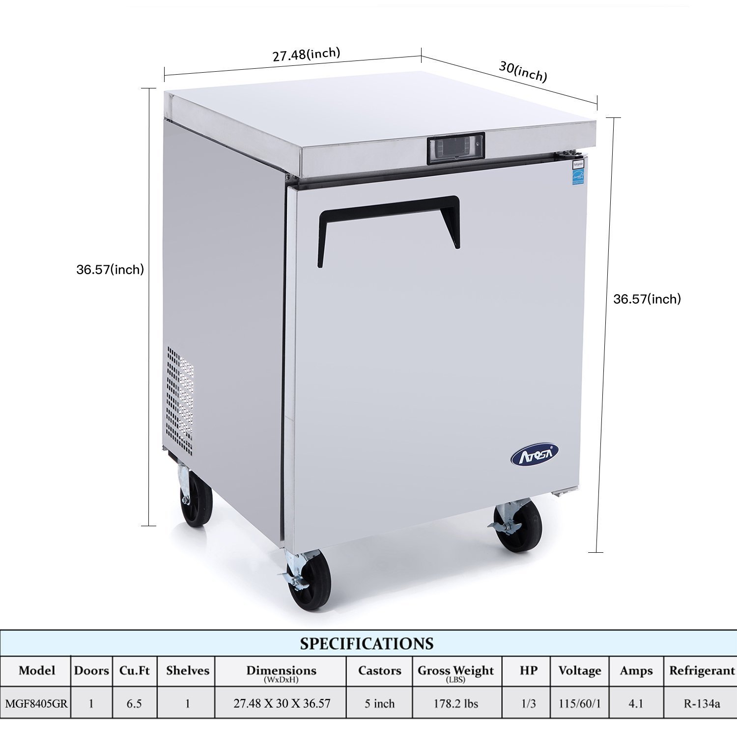 AtosaUSA MGF8405GR 27.50'' 1 Section Undercounter Freezer with 1 Right Hinged Solid Door and Side/Rear Breathing Compressor