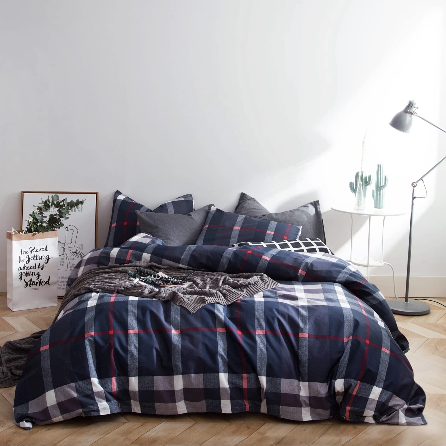 SUSYBAO Plaid Duvet Cover Queen 100% Cotton Navy Blue Tartan Grid Duvet Cover 3 Pieces Set 1 Soft Checkered Gingham Duvet Cover with Zipper Ties 2 Pillowcases Luxury Red Plaid Bedding Set Comfortable