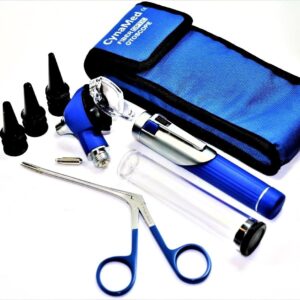 Premium Student Home USE LED Bright Light ENT Diagnostic Otoscope Pocket Size Blue Plus Aligator Ear Nose Forceps Plus 1 Extra Replacement Bulb Plus 10 Specula Cynamed