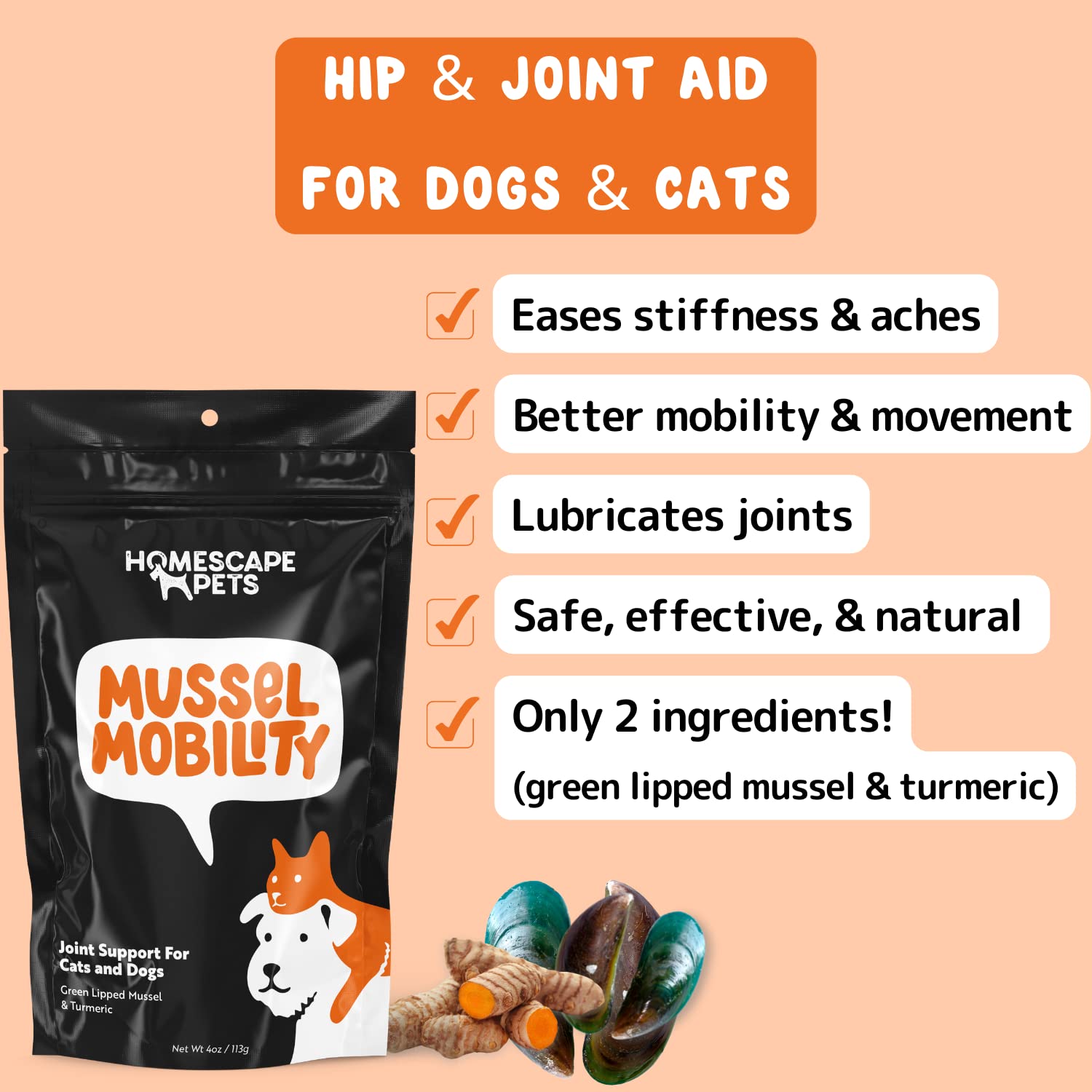 Homescape Pets Mussel Mobility - Green Lipped Mussel & Turmeric for Dogs - Hip & Joint Pain Relief Anti-Inflammatory Meal Topper Powder - Better Mobility, Less Stiffness and Aches - Vet Recommended