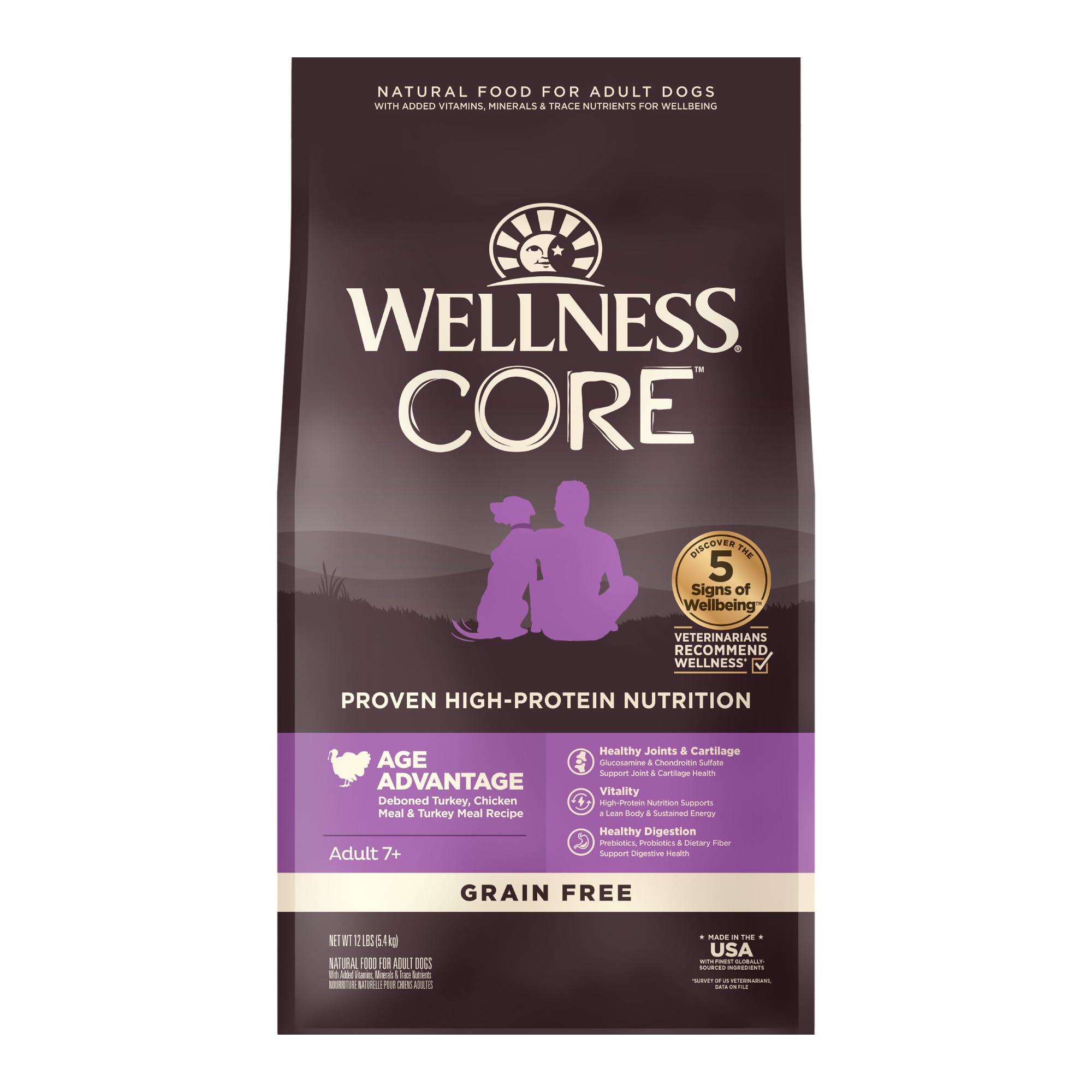 Wellness CORE Grain-Free Senior Dry Dog Food, Made in USA with Natural Ingredients, No Meat by-Product, Fillers, Artificial Flavors, or Preservatives (12-Pound Bag, Turkey)