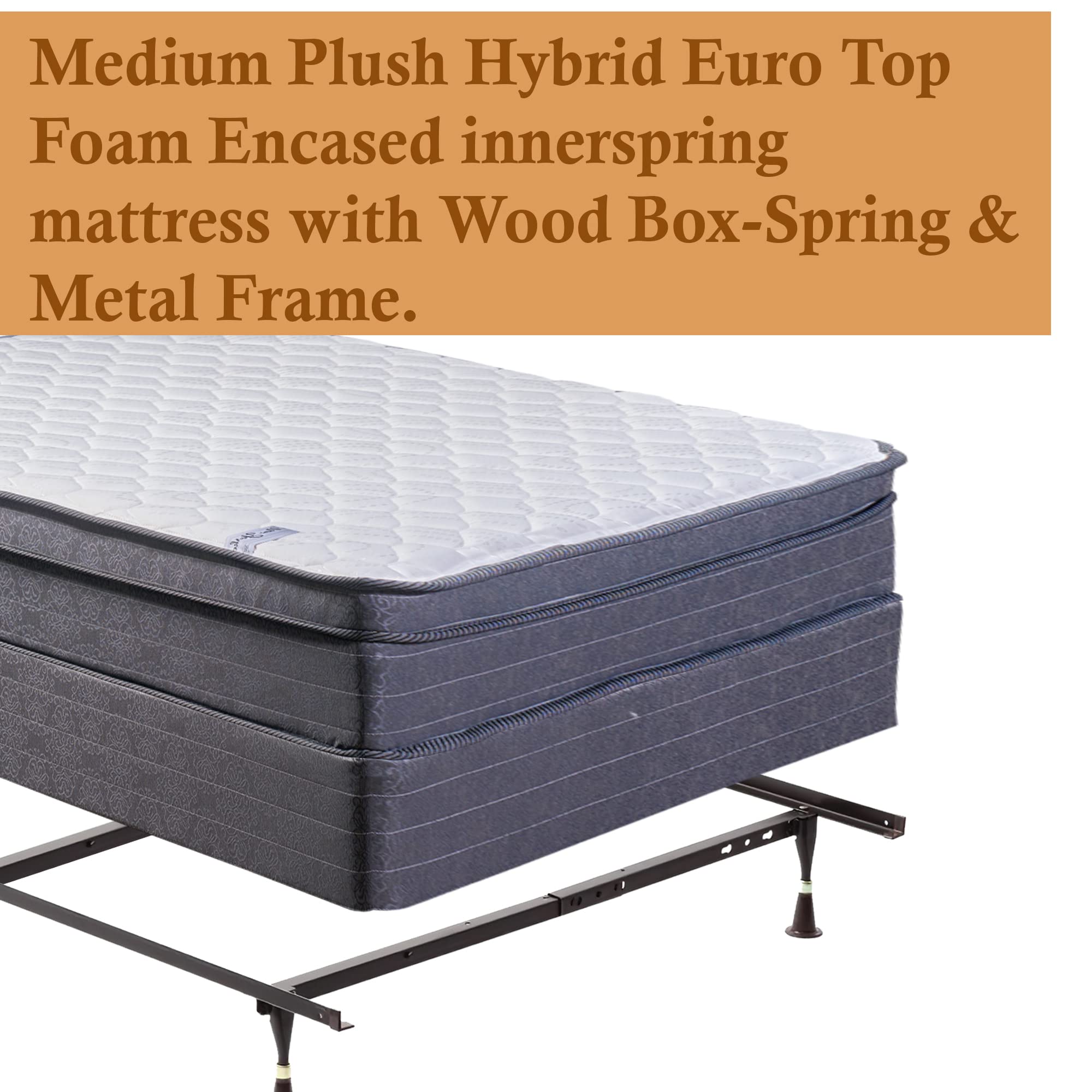 Mattress Solution Medium Plush Foam Encased Hybrid Eurotop Pillowtop Innerspring Mattress And 4" Metal Low Profile Boxspring/Foundation Set,With Frame, Full Size