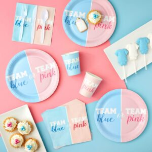 144 Piece Gender Reveal Plates, Napkins, Cups, Cutlery, Team Boy and Team Girl Party Supplies, Decorations (Serves 24)