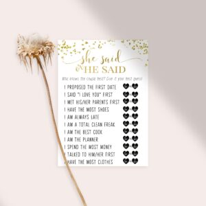 Black and Gold Bridal Shower Game He or She Said – 25 Pack, Couples Wedding Engagement Party Games, Reception Decor and Ideas, Fun Bridal Shower Guest Activities