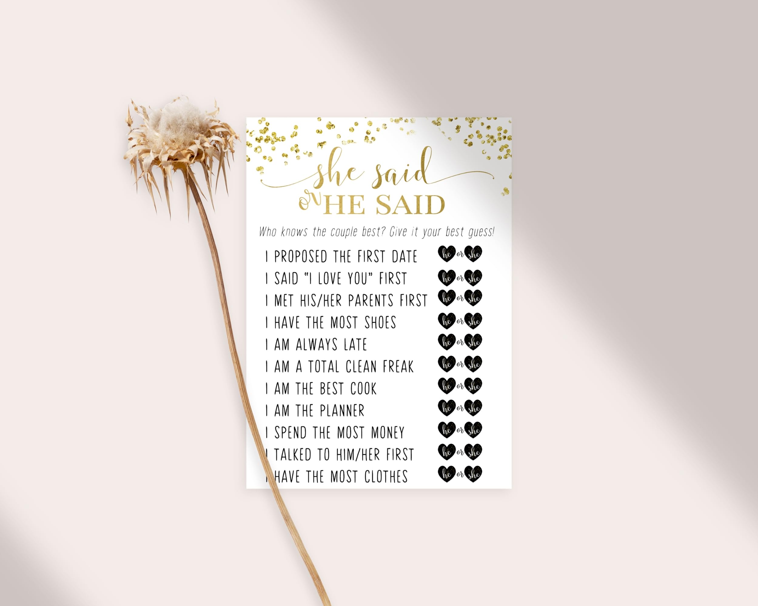 Black and Gold Bridal Shower Game He or She Said – 25 Pack, Couples Wedding Engagement Party Games, Reception Decor and Ideas, Fun Bridal Shower Guest Activities