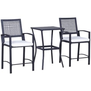 outsunny 3pcs patio bar set with soft cushion, rattan wicker outdoor furniture set for backyards, lawn, deck, poolside