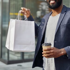 White Paper Bags with Handles Bulks 8 X 4.5 X 10.5 [100 Bags]. Ideal for Shopping, Packaging, Retail, Party, Craft, Gifts, Wedding, Recycled, Business, Goody and Merchandise Bag