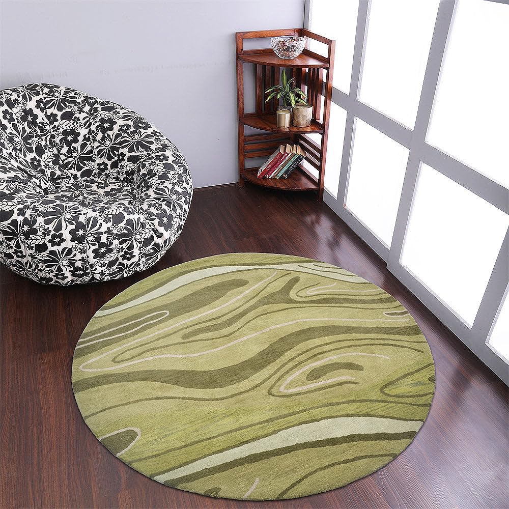 Hand Tufted Wool ECO-Friendly Area Rugs - 8'x8', Round Shape, Green, Abstract Modern Design, High Pile Thick Handmade Anti Skid Area Rugs for Living Room, Bed Room (K00672)