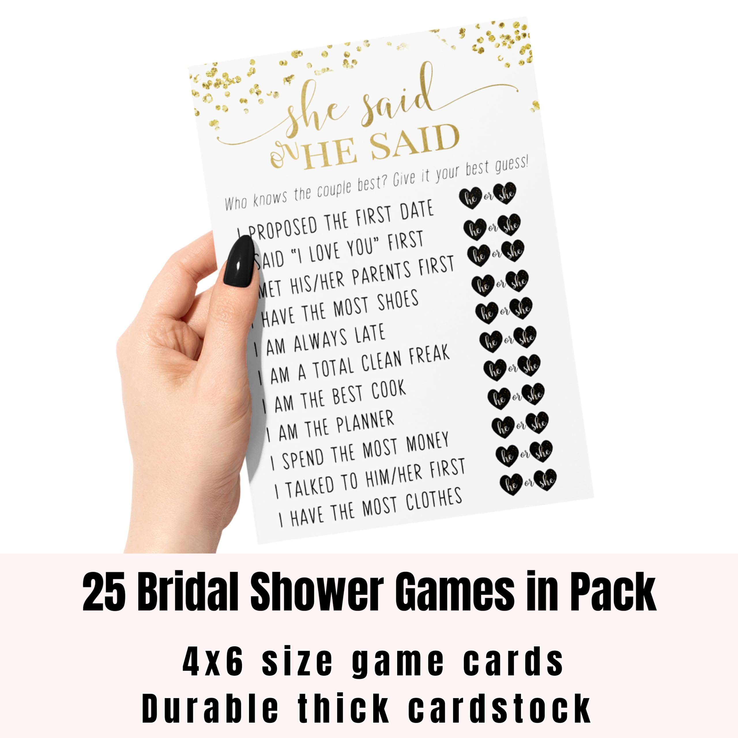 Black and Gold Bridal Shower Game He or She Said – 25 Pack, Couples Wedding Engagement Party Games, Reception Decor and Ideas, Fun Bridal Shower Guest Activities