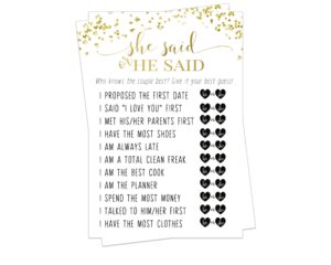 black and gold bridal shower game he or she said – 25 pack, couples wedding engagement party games, reception decor and ideas, fun bridal shower guest activities