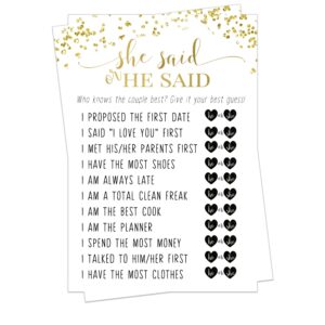 Black and Gold Bridal Shower Game He or She Said – 25 Pack, Couples Wedding Engagement Party Games, Reception Decor and Ideas, Fun Bridal Shower Guest Activities