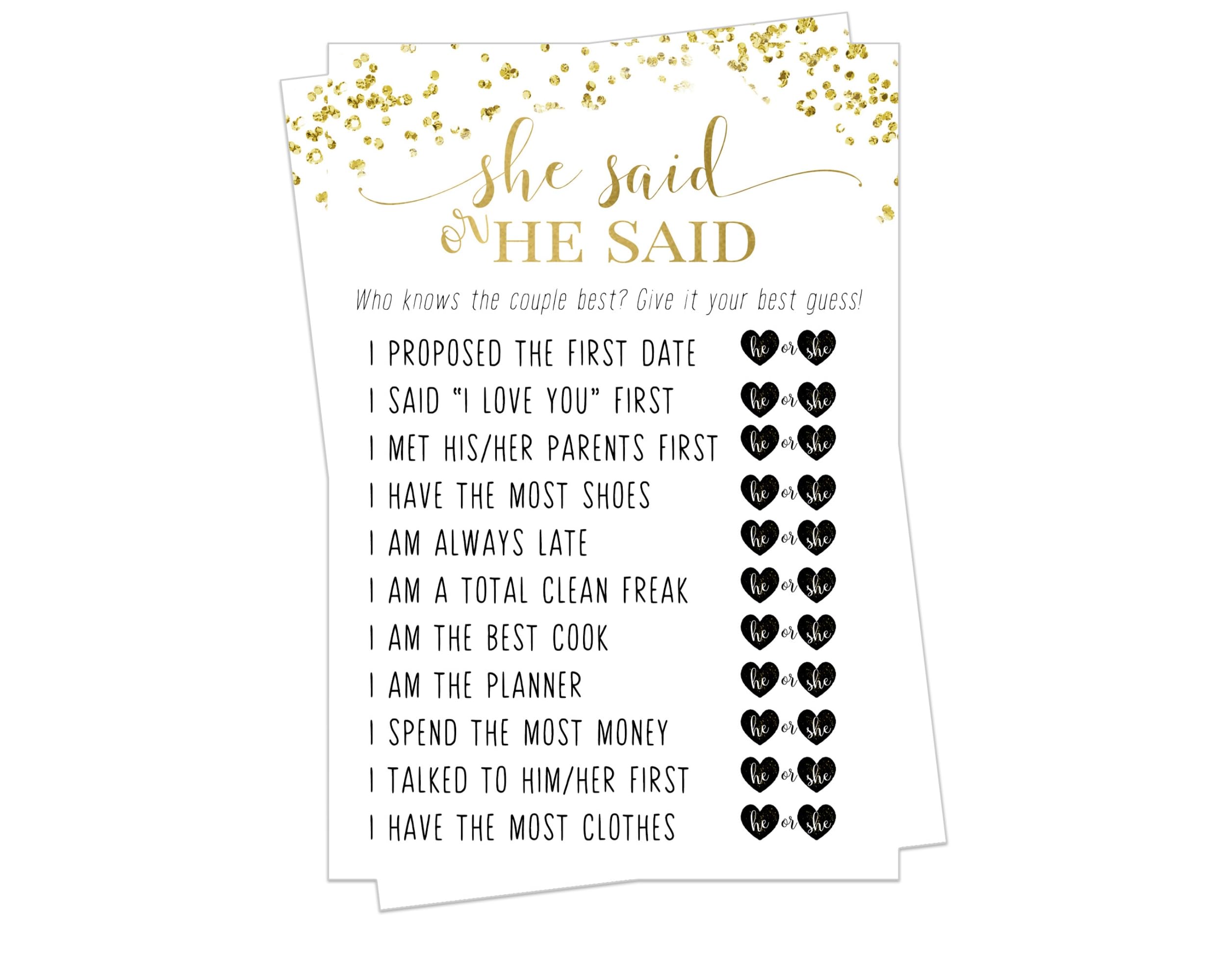 Black and Gold Bridal Shower Game He or She Said – 25 Pack, Couples Wedding Engagement Party Games, Reception Decor and Ideas, Fun Bridal Shower Guest Activities