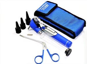 premium student home use led bright light ent diagnostic otoscope pocket size blue plus aligator ear nose forceps plus 1 extra replacement bulb plus 10 specula cynamed