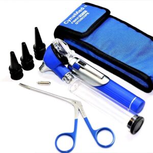 Premium Student Home USE LED Bright Light ENT Diagnostic Otoscope Pocket Size Blue Plus Aligator Ear Nose Forceps Plus 1 Extra Replacement Bulb Plus 10 Specula Cynamed