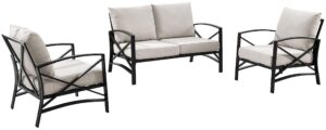 crosley furniture kaplan 3-piece outdoor loveseat patio furniture set, conversation sets for porch, deck, oiled bronze with oatmeal cushions