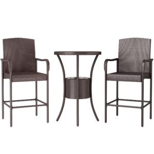 outsunny 3 pieces rattan wicker bar set with ice buckets, patio furniture with 1 bar table and 2 bar stools for poolside, backyard, porches, dark brown