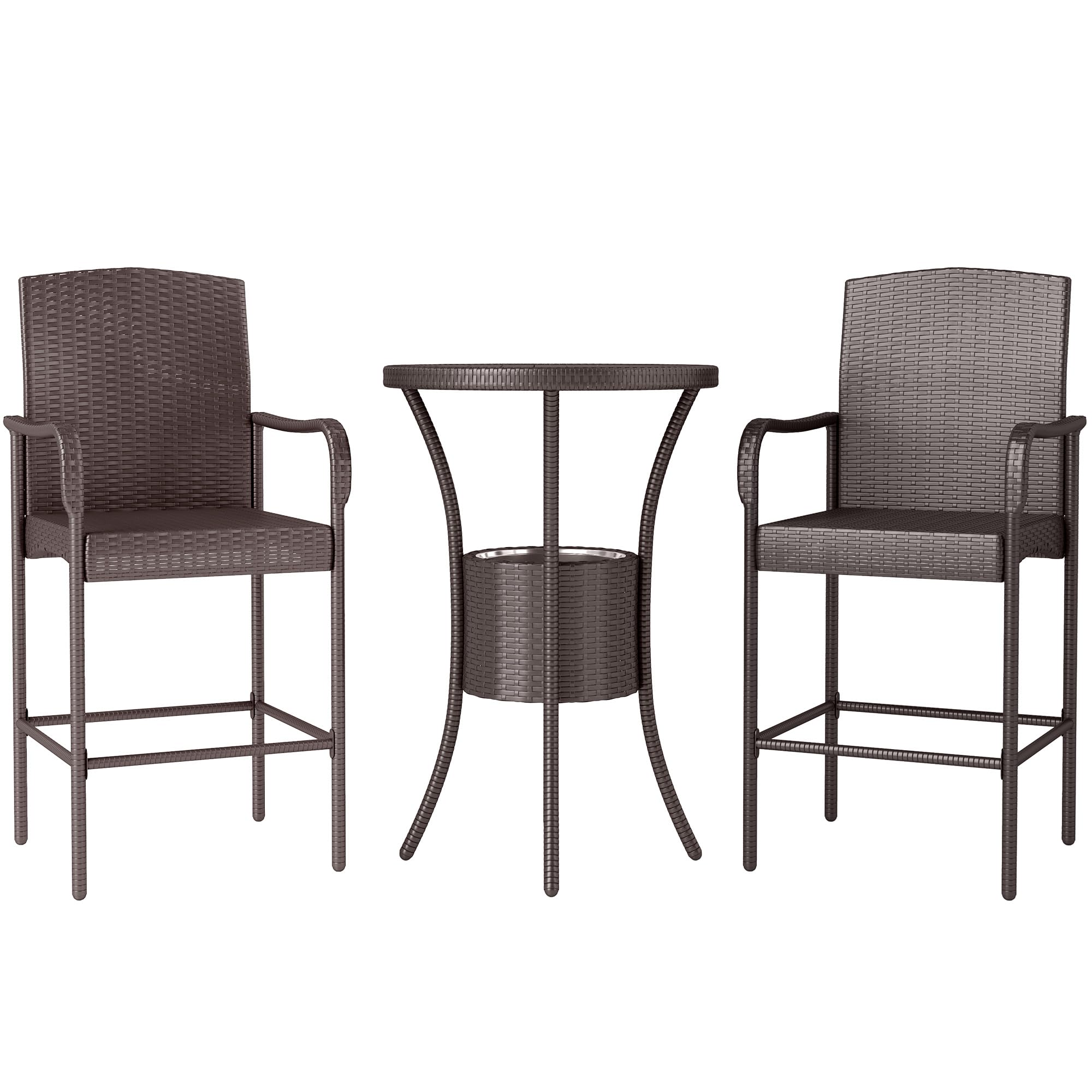 Outsunny 3 Pieces Rattan Wicker Bar Set with Ice Buckets, Patio Furniture with 1 Bar Table and 2 Bar Stools for Poolside, Backyard, Porches, Dark Brown