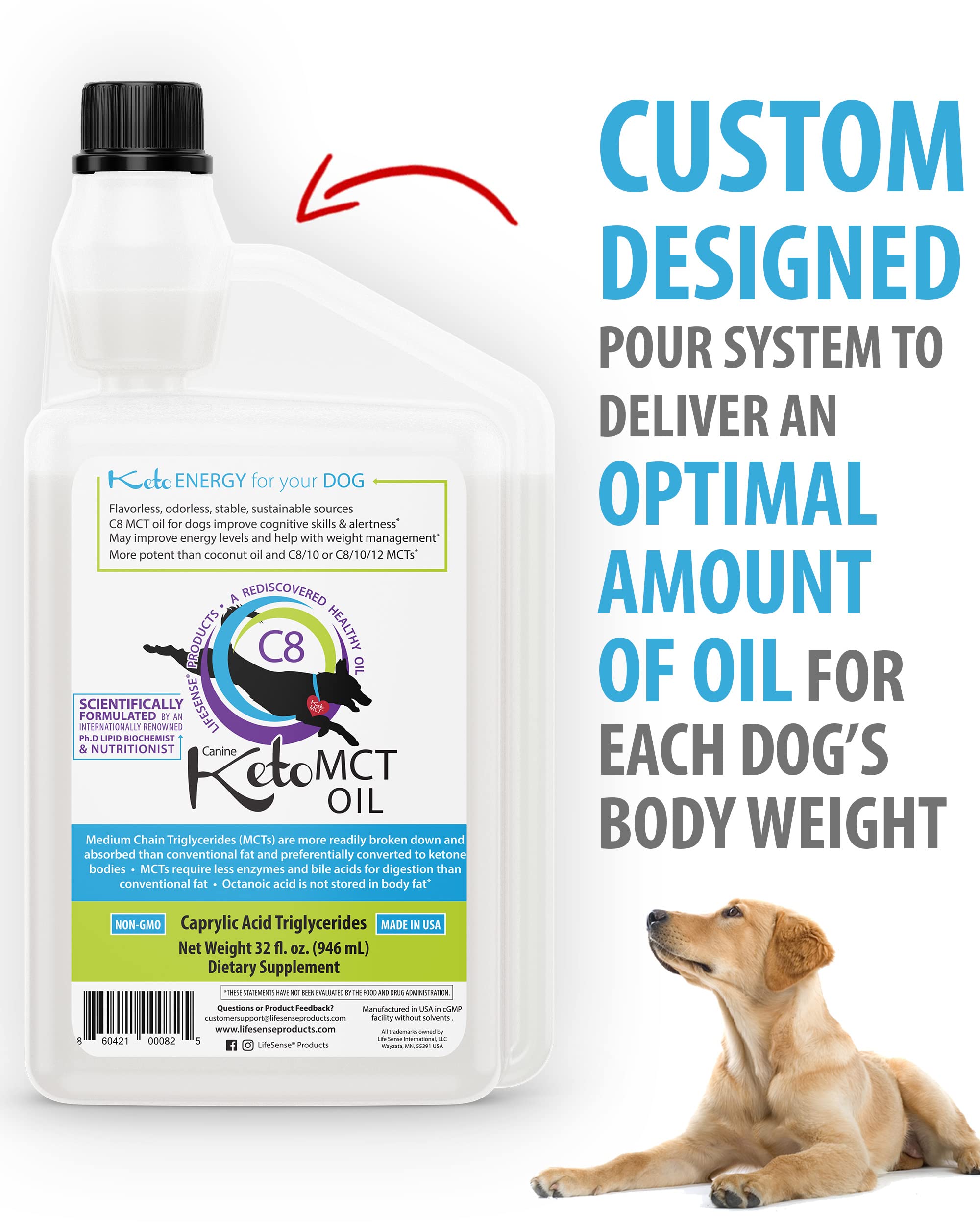 C8 MCT Oil Keto Friendly Sourced from Coconut Oil for Dogs - Human Grade, 32 oz, Developed in USA by PhD Nutrition