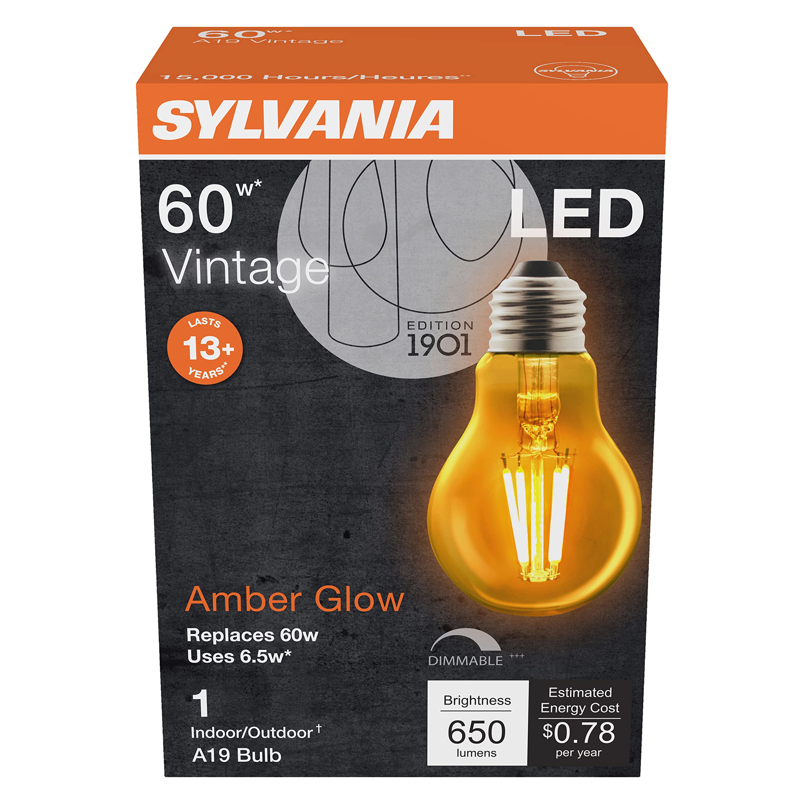 SYLVANIA LED Vintage A19 Light Bulb, 60W Equivalent Efficient 6.5W, 13 Year, Dimmable, 650 Lumens, Amber Glow - 1 Pack (75349)