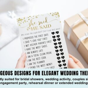 Black and Gold Bridal Shower Game He or She Said – 25 Pack, Couples Wedding Engagement Party Games, Reception Decor and Ideas, Fun Bridal Shower Guest Activities