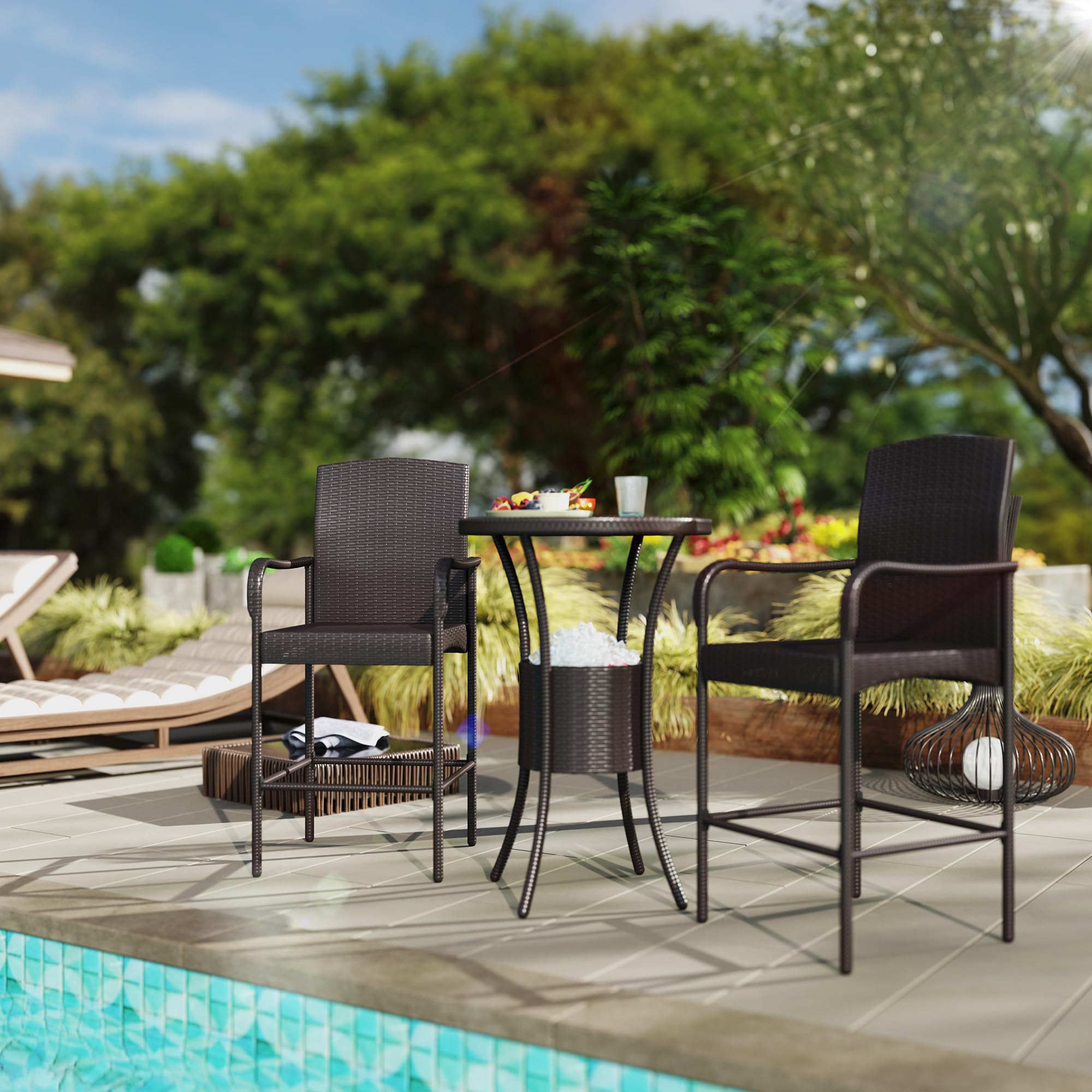 Outsunny 3 Pieces Rattan Wicker Bar Set with Ice Buckets, Patio Furniture with 1 Bar Table and 2 Bar Stools for Poolside, Backyard, Porches, Dark Brown