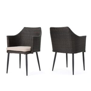 christopher knight home iona outdoor wicker dining chairs with metal legs and water resistant cushions, 2-pcs set, multibrown / textured beige / dark brown