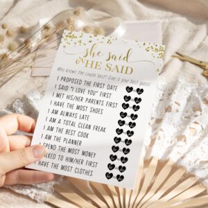 Black and Gold Bridal Shower Game He or She Said – 25 Pack, Couples Wedding Engagement Party Games, Reception Decor and Ideas, Fun Bridal Shower Guest Activities