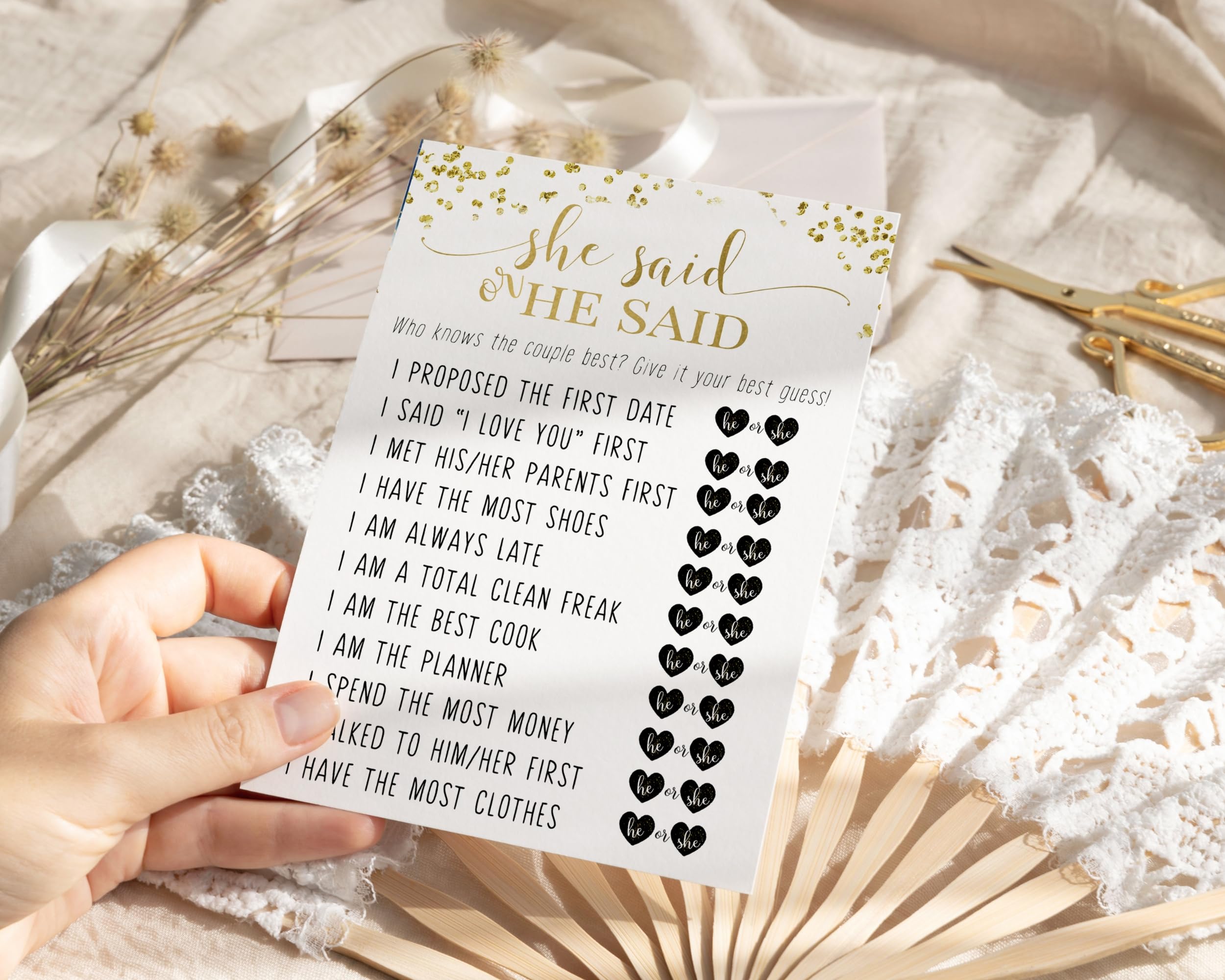 Black and Gold Bridal Shower Game He or She Said – 25 Pack, Couples Wedding Engagement Party Games, Reception Decor and Ideas, Fun Bridal Shower Guest Activities