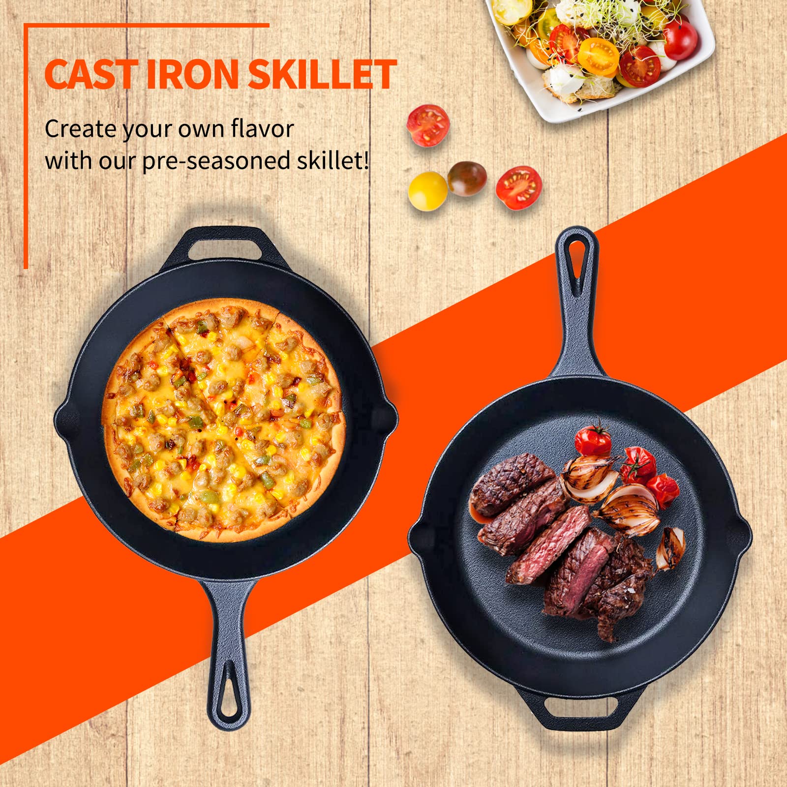 Keleday 10 Inch Cast iron Skillet, Pre-Seasoned Cast Iron Pan with Two Silicone Handles, Deep Cast Iron Frying Pan for Stovetop, Induction, Oven, Campfire