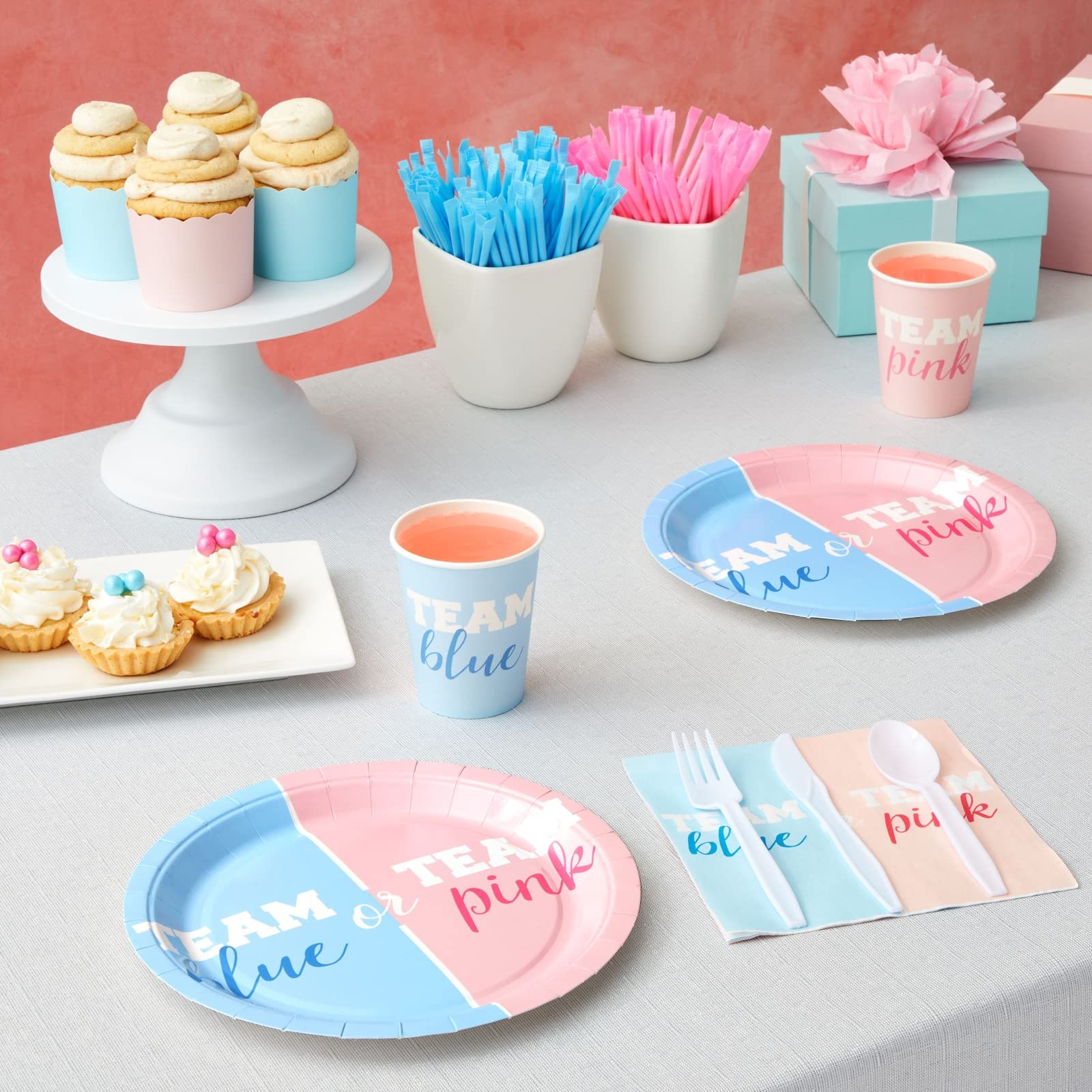 144 Piece Gender Reveal Plates, Napkins, Cups, Cutlery, Team Boy and Team Girl Party Supplies, Decorations (Serves 24)