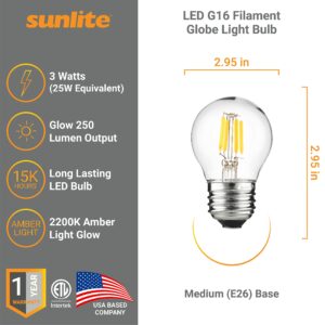 Sunlite LED G16 Filament Globe Light Bulb, 3 Watts (25W Equivalent), 250 Lumens, Dimmable, Medium E26 Base, Short Bulbs for Bedroom, Kitchen, 2700K Soft White, 6 Count