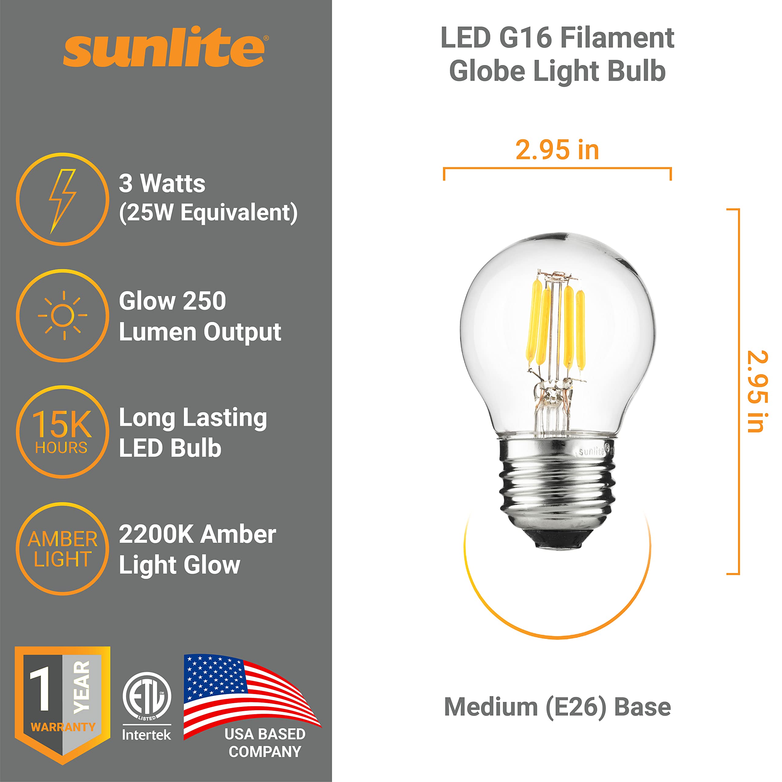 Sunlite LED G16 Filament Globe Light Bulb, 3 Watts (25W Equivalent), 250 Lumens, Dimmable, Medium E26 Base, Short Bulbs for Bedroom, Kitchen, 2700K Soft White, 6 Count