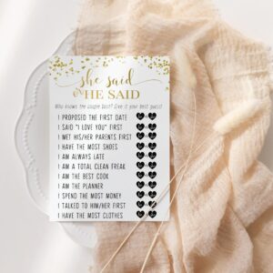 Black and Gold Bridal Shower Game He or She Said – 25 Pack, Couples Wedding Engagement Party Games, Reception Decor and Ideas, Fun Bridal Shower Guest Activities