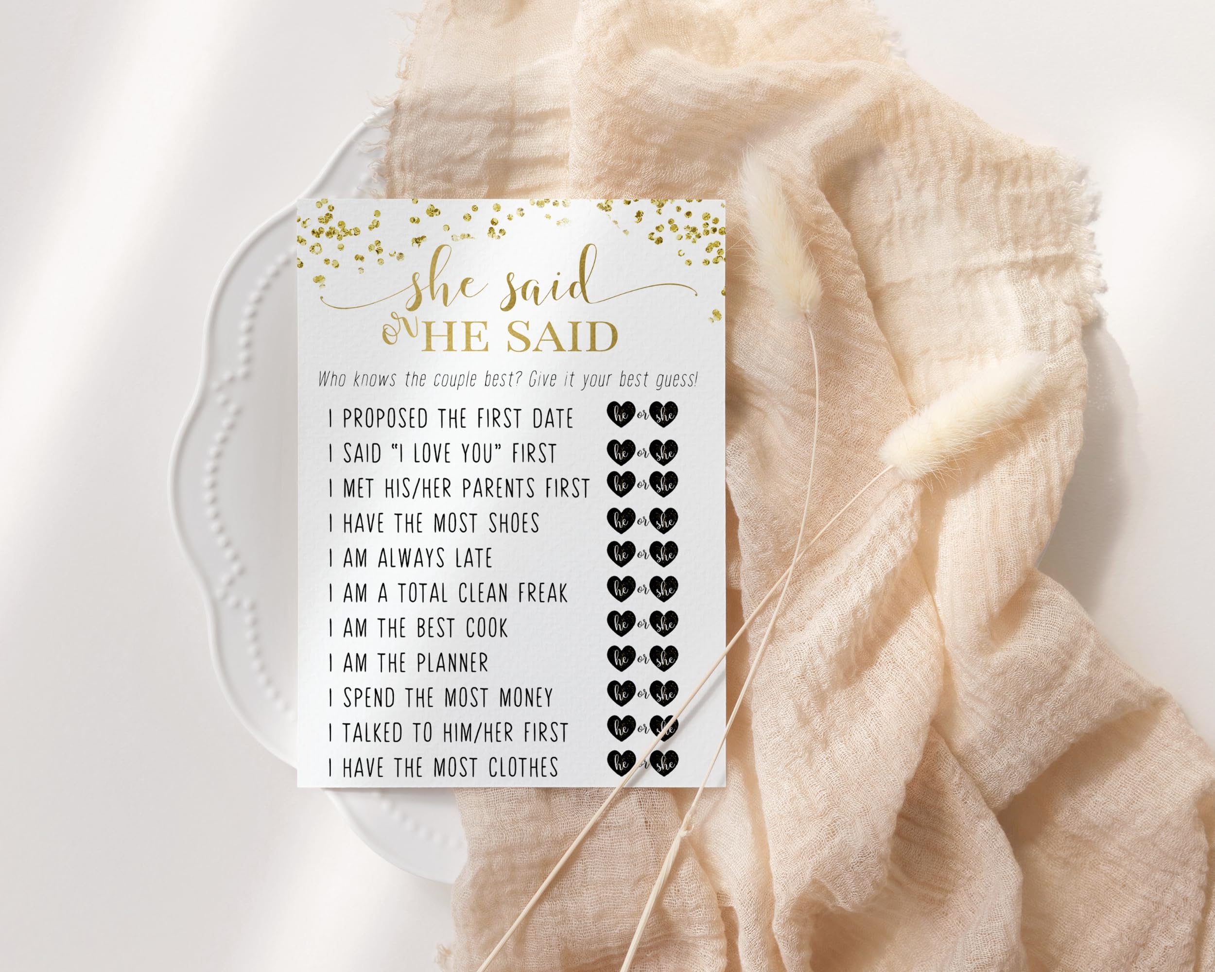 Black and Gold Bridal Shower Game He or She Said – 25 Pack, Couples Wedding Engagement Party Games, Reception Decor and Ideas, Fun Bridal Shower Guest Activities