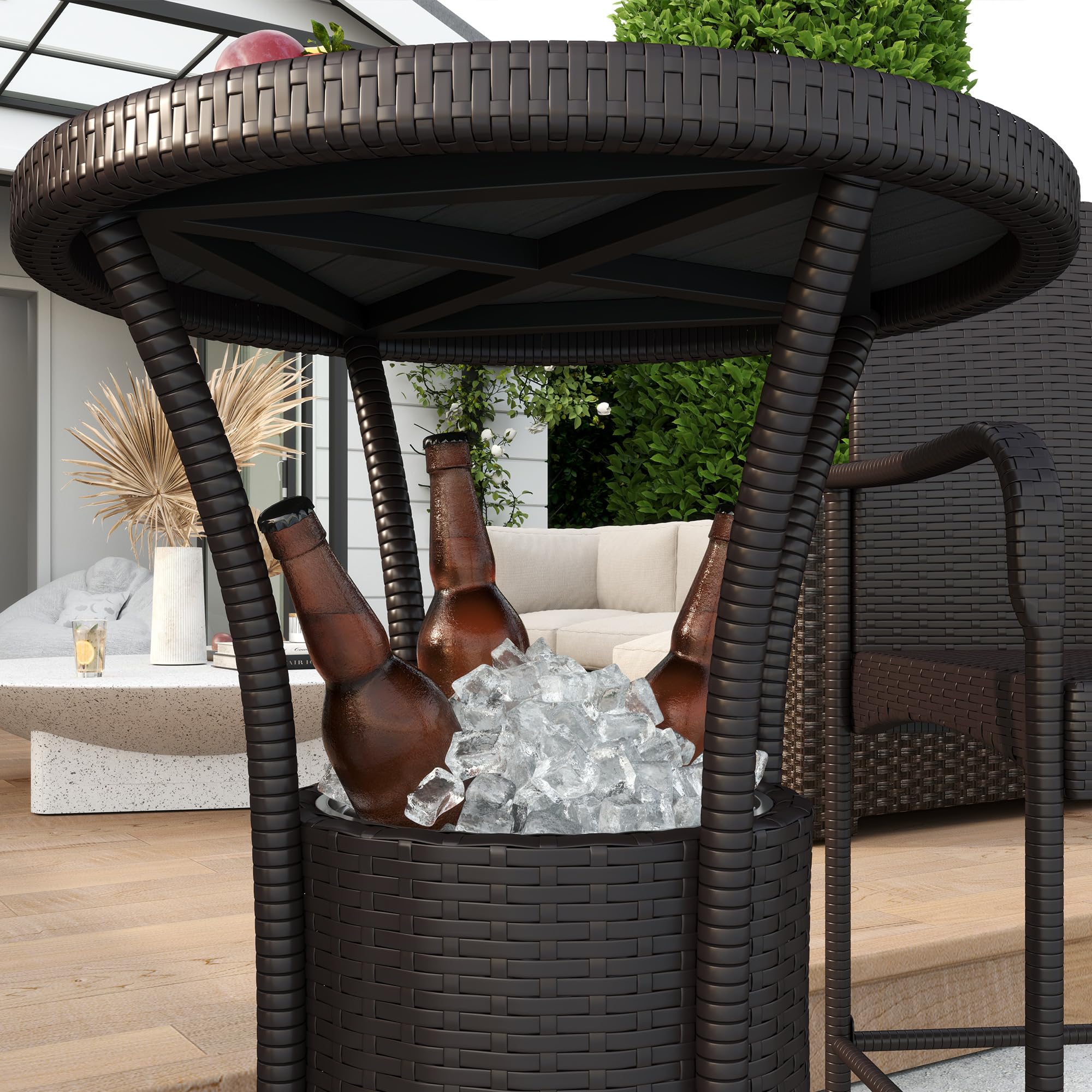 Outsunny 3 Pieces Rattan Wicker Bar Set with Ice Buckets, Patio Furniture with 1 Bar Table and 2 Bar Stools for Poolside, Backyard, Porches, Dark Brown