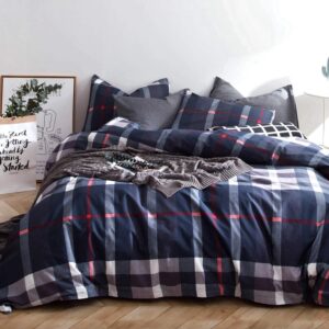 SUSYBAO Plaid Duvet Cover Queen 100% Cotton Navy Blue Tartan Grid Duvet Cover 3 Pieces Set 1 Soft Checkered Gingham Duvet Cover with Zipper Ties 2 Pillowcases Luxury Red Plaid Bedding Set Comfortable