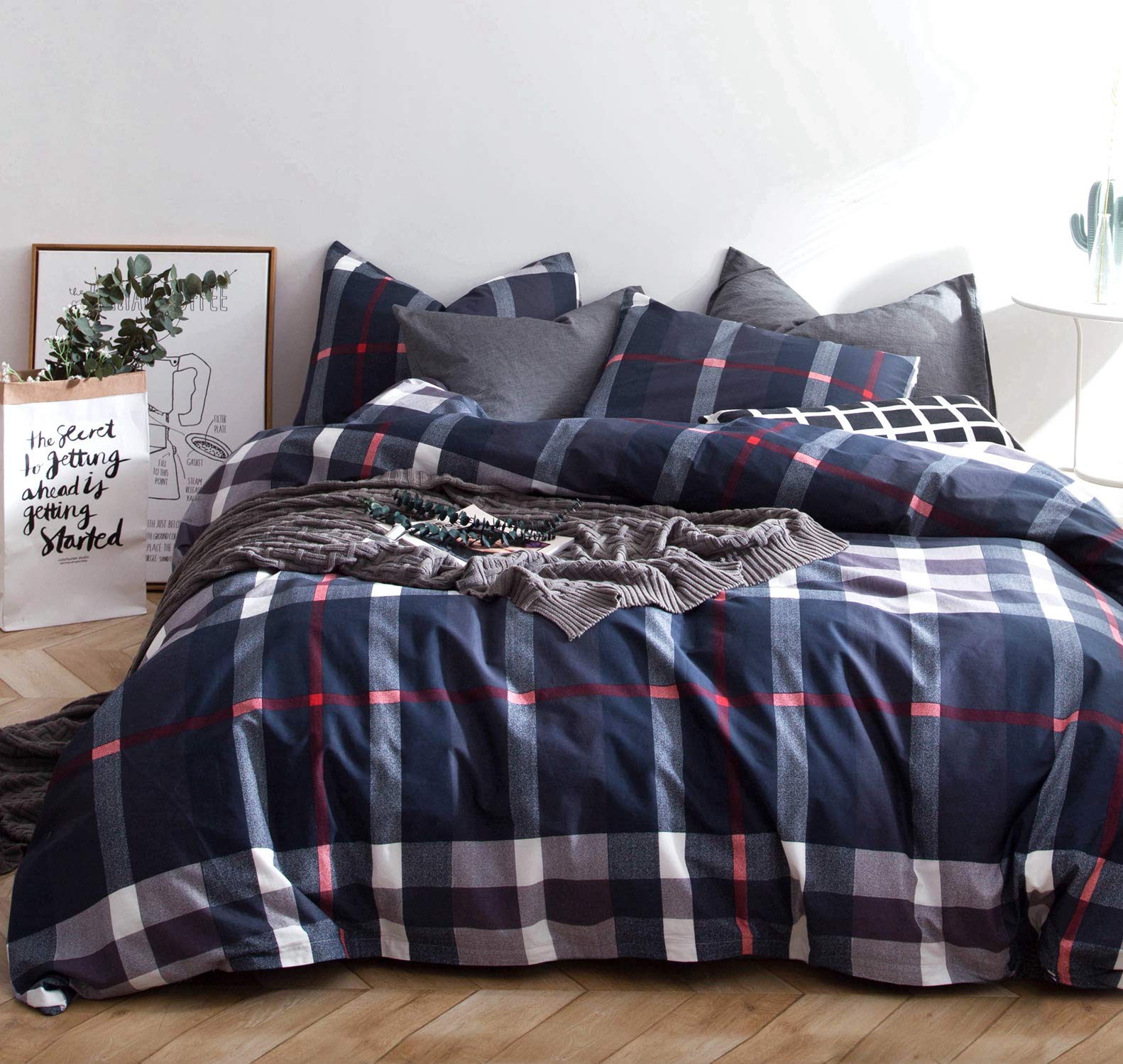 SUSYBAO Plaid Duvet Cover Queen 100% Cotton Navy Blue Tartan Grid Duvet Cover 3 Pieces Set 1 Soft Checkered Gingham Duvet Cover with Zipper Ties 2 Pillowcases Luxury Red Plaid Bedding Set Comfortable