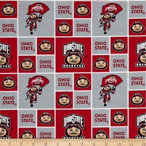 ncaa ohio state buckeyes patches allover red/grey, quilting fabric by the yard