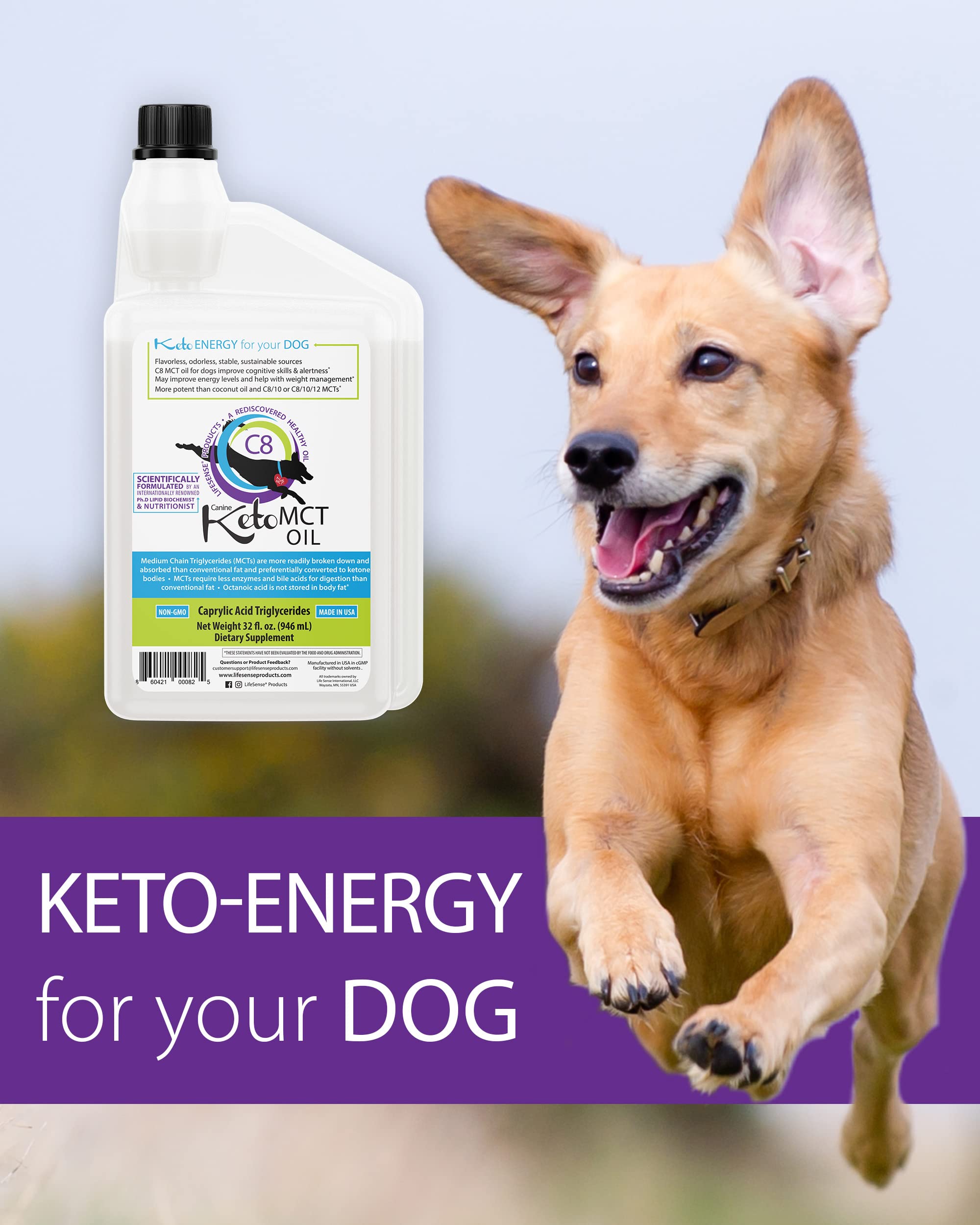 C8 MCT Oil Keto Friendly Sourced from Coconut Oil for Dogs - Human Grade, 32 oz, Developed in USA by PhD Nutrition