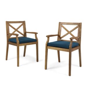 christopher knight home peter | outdoor acacia wood dining chair set of 2, teak/blue cushion