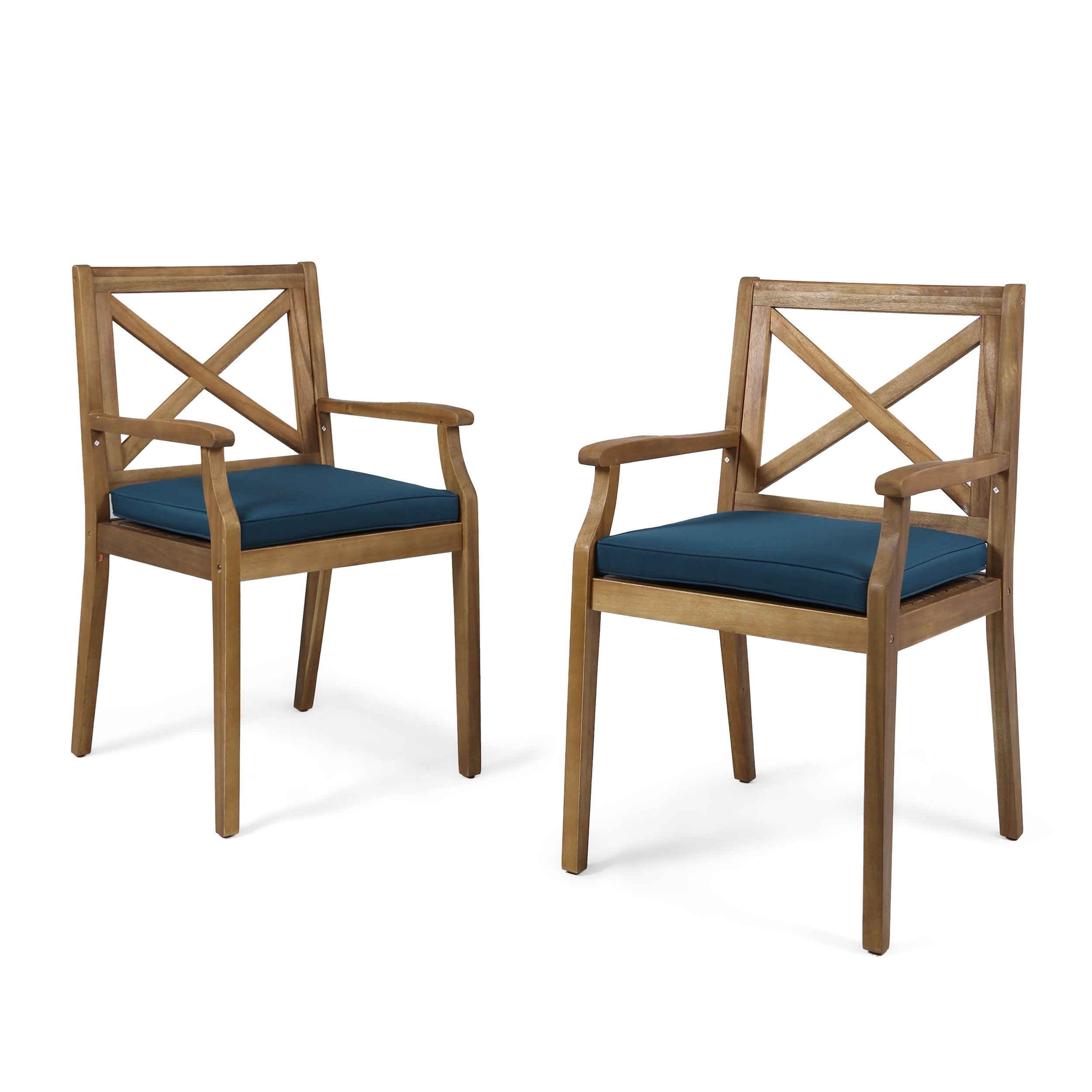 Christopher Knight Home Peter | Outdoor Acacia Wood Dining Chair Set of 2, Teak/Blue Cushion