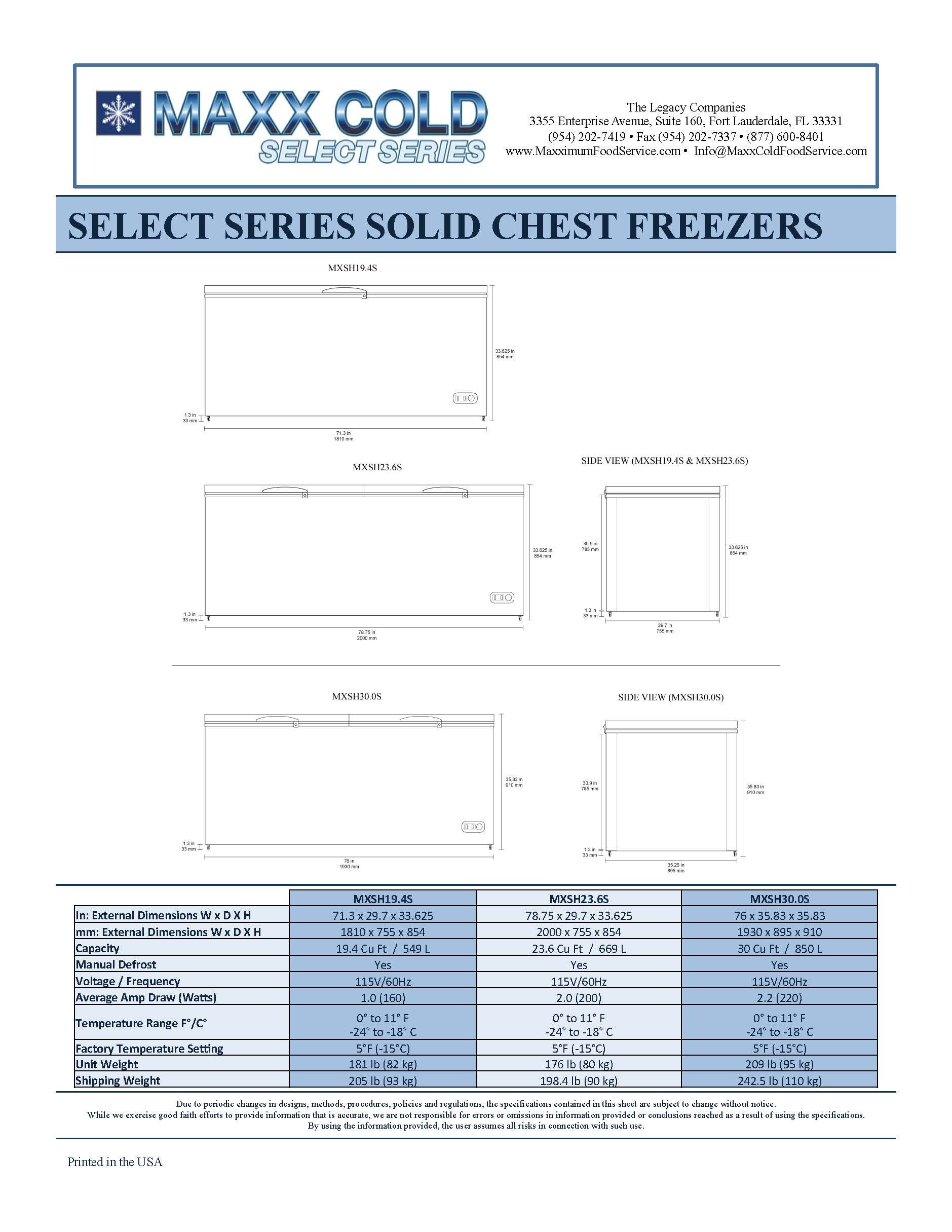 Maxx Cold Large Chest Freezer with Extra Large Capacity MXSH30.0SHC Commercial Freezer with Solid Top 76-Inch-Wide with Locking Lid with 30 Cu. Ft. Storage (850L)