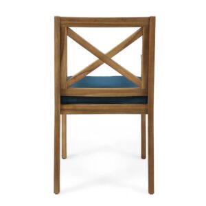 Christopher Knight Home Peter | Outdoor Acacia Wood Dining Chair Set of 2, Teak/Blue Cushion