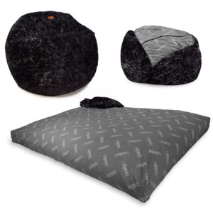 cordaroy's faux fur bean bag chair, convertible chair folds from bean bag to lounger, as seen on shark tank, black - king size