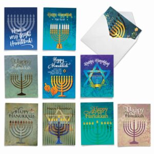 the best card company - 10 assorted chanukah thank you notecards bulk box set 4 x 5.12 inch with envelopes (10 designs, 1 each) jewish holiday cards hanukkah lights am6140hyg-b1x10