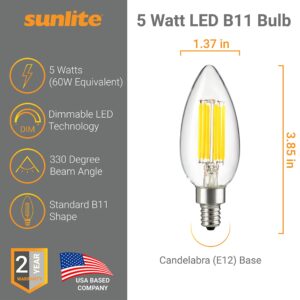 Sunlite 40956 LED B11 Filament Style Chandelier Light Bulb Torpedo Tip 5 Watts (60 W Equivalent) Dimmable, 600 Lumens, Candelabra E12 Base, UL Listed, 6 Pack, 30K-Warm White